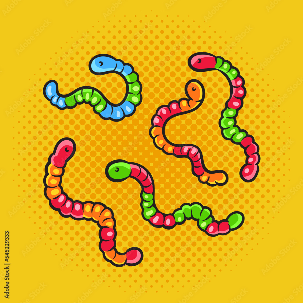 gummy chewy worms candies pinup pop art retro vector illustration ...