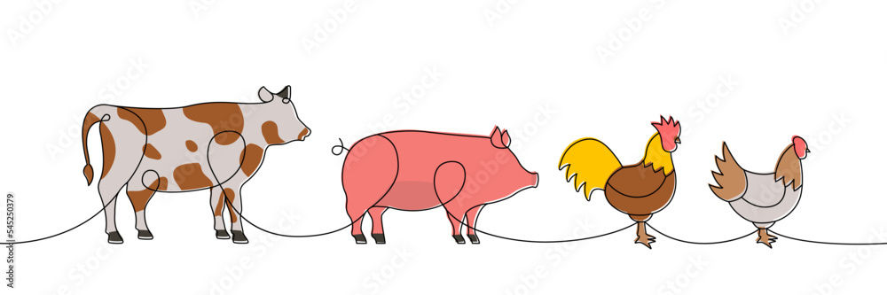 Farm animals set one line colored continuous drawing. Pig, Cow, Chicken ...