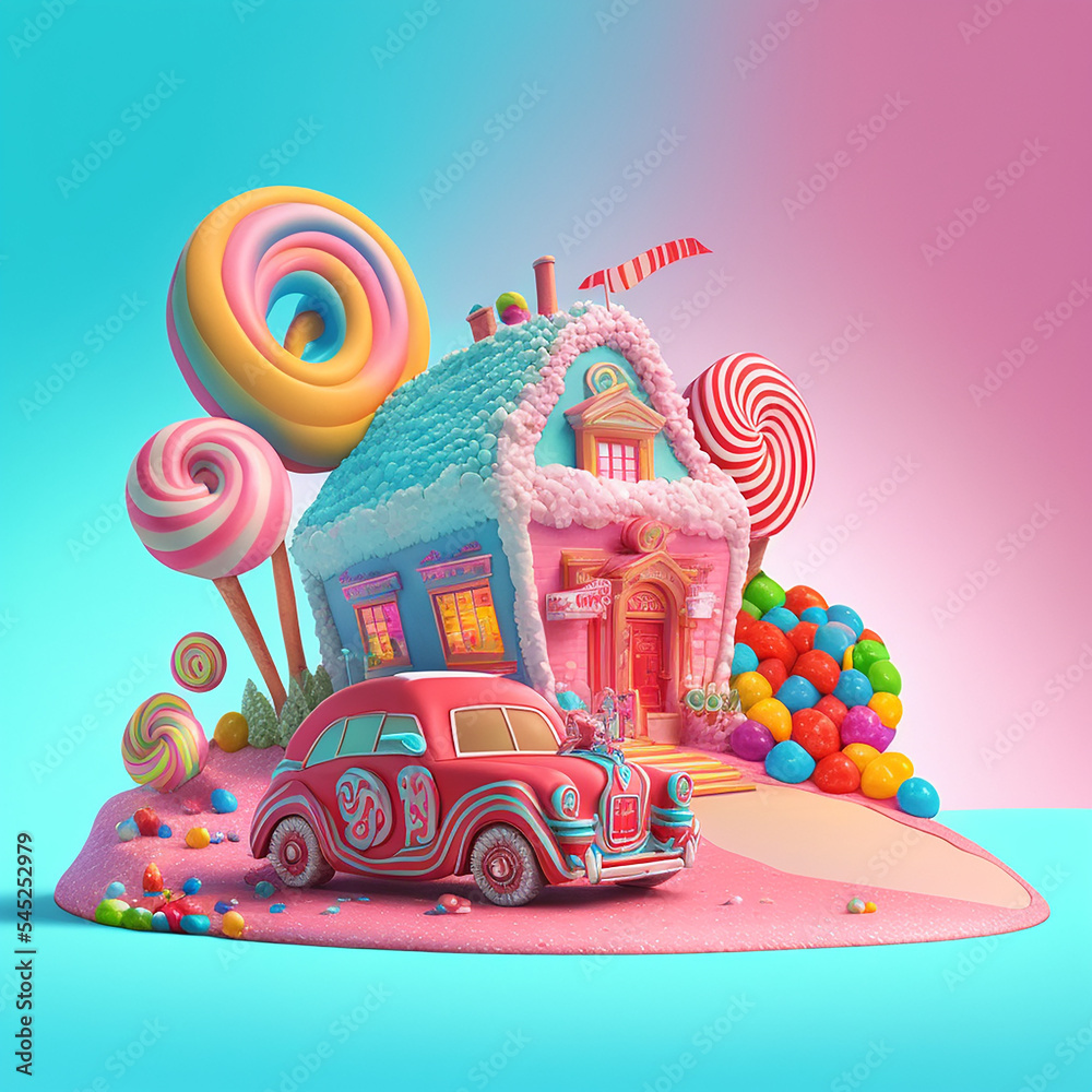 Illustrazione Stock Ai generated Candy Land house and car | Adobe Stock