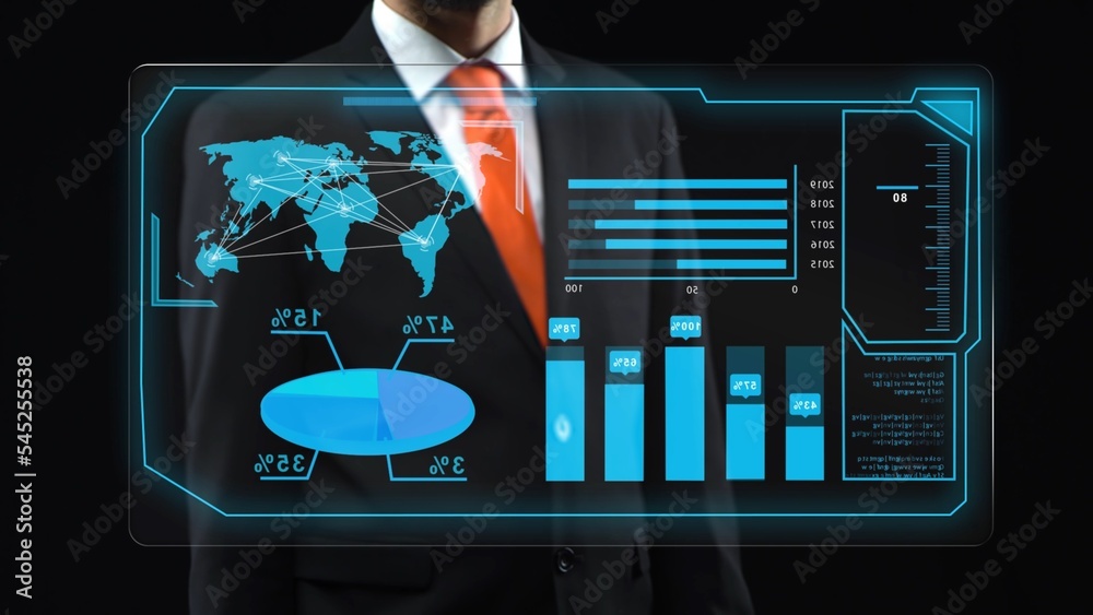 Businessman uses holographic interface, turns on touch screen and ...