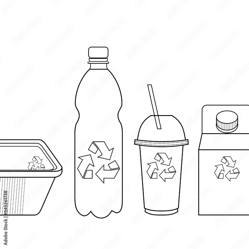 A set of disposable food supplies with recycling symbols (aluminium ...