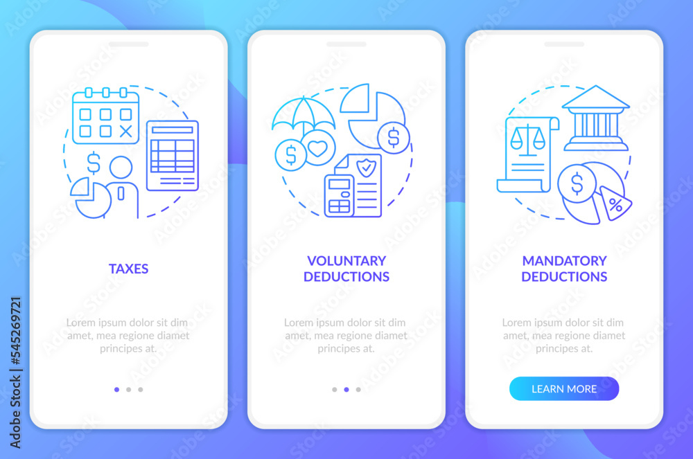 Payroll deductions types blue gradient onboarding mobile app screen ...