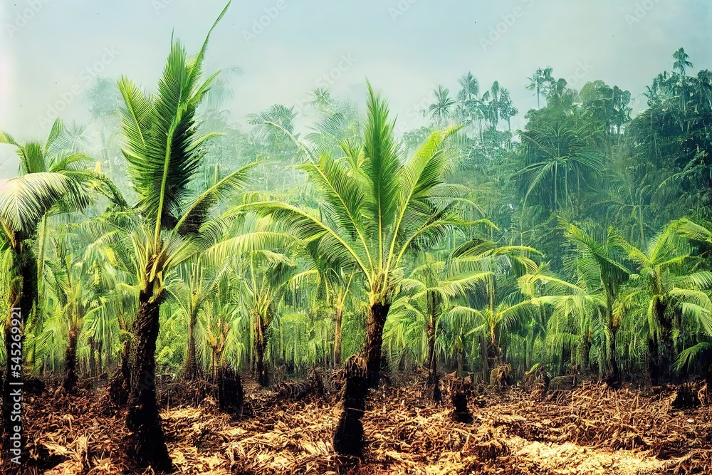 Palm oil plantation at rainforest edge. Deforestation in Malaysia ...