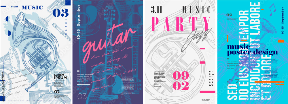 Event poster design. Guitar, trombone, trumpet, microphone. Set of ...