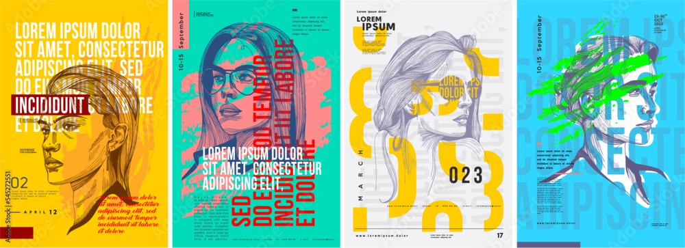 Movie poster. Women's faces. Set of vector posters. Typography. Vintage ...