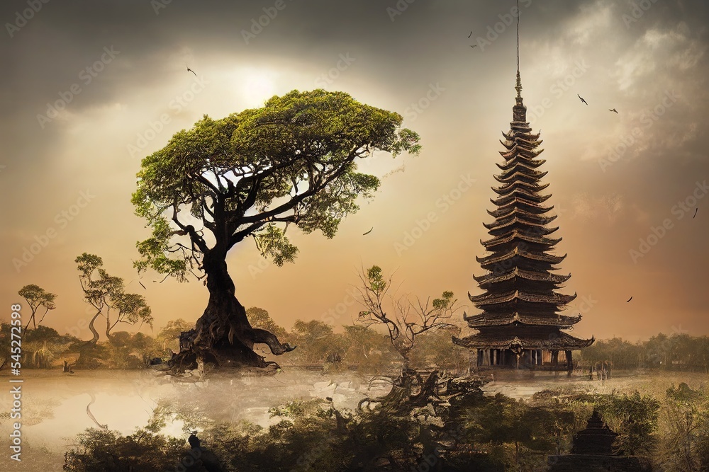 big root of banyan tree land scape of ancient and old pagoda in Stock ...