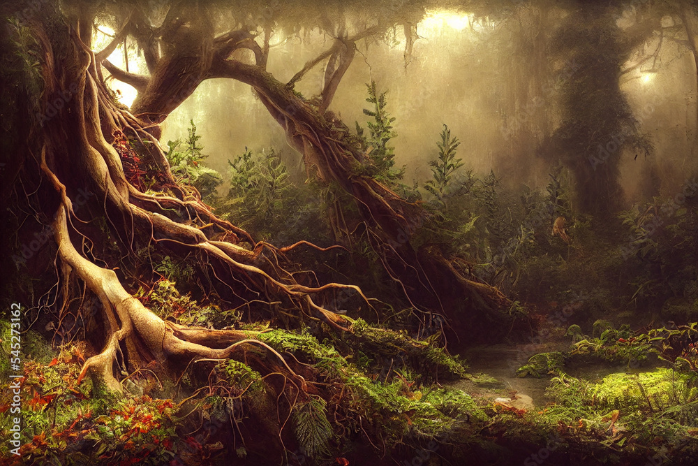 Enchanted forest trees with squiggly, gnarly, twisted roots and ...