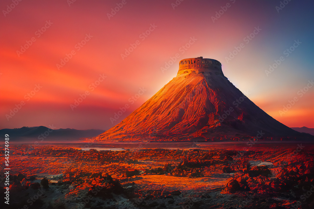 The Tower of Babel ruins sit atop a hill in the Middle East desert, and ...