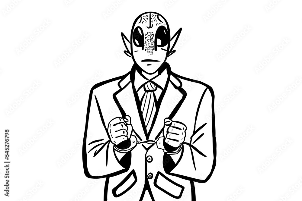 drawing of an arrested alien in handcuffs and a human costume on a ...