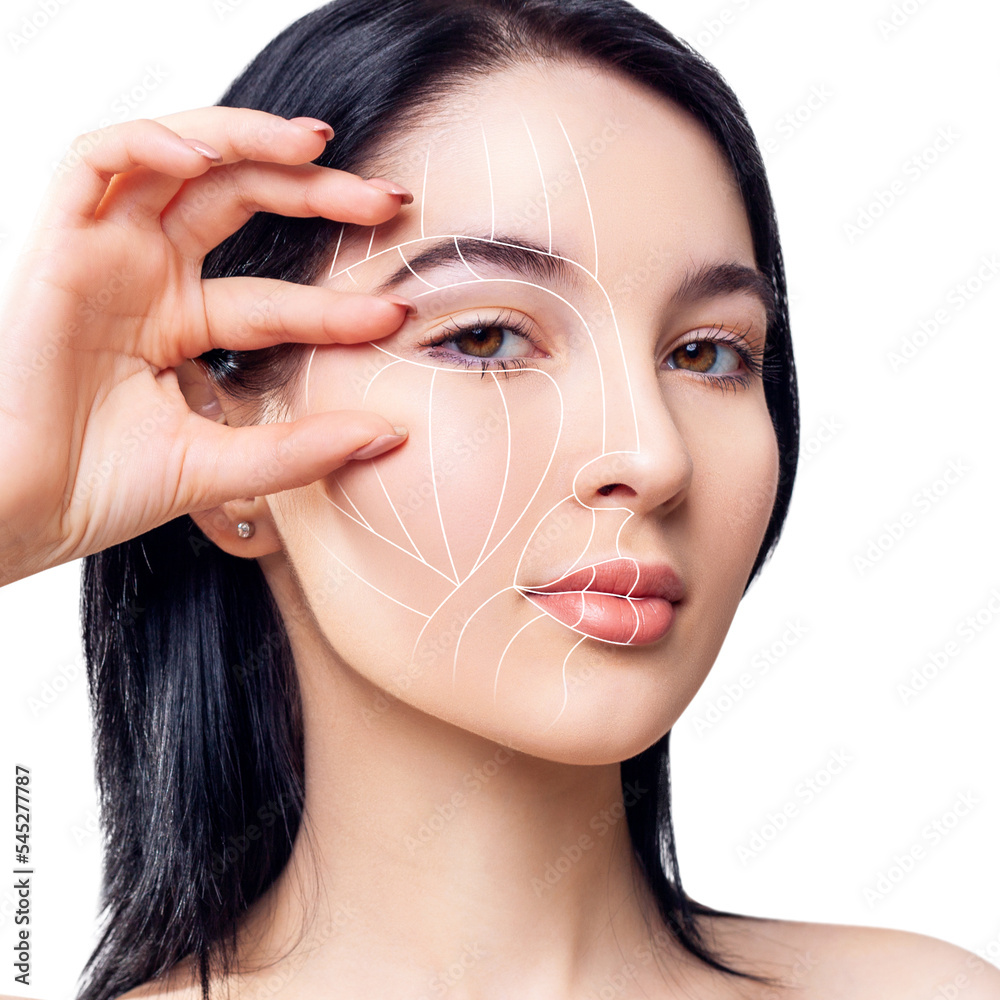 Graphic lines shows face lifting effect on young female face. Stock ...