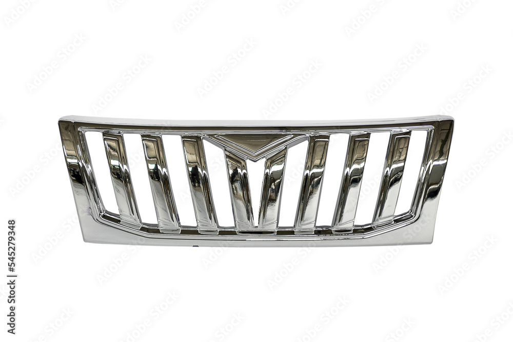 Shiny metallic car radiator grill with vertical holes front view ...