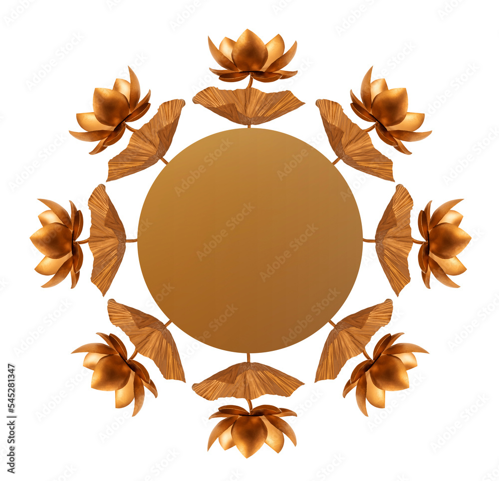 Gold lotus flowers and leaves are arranged in circle on transparent ...