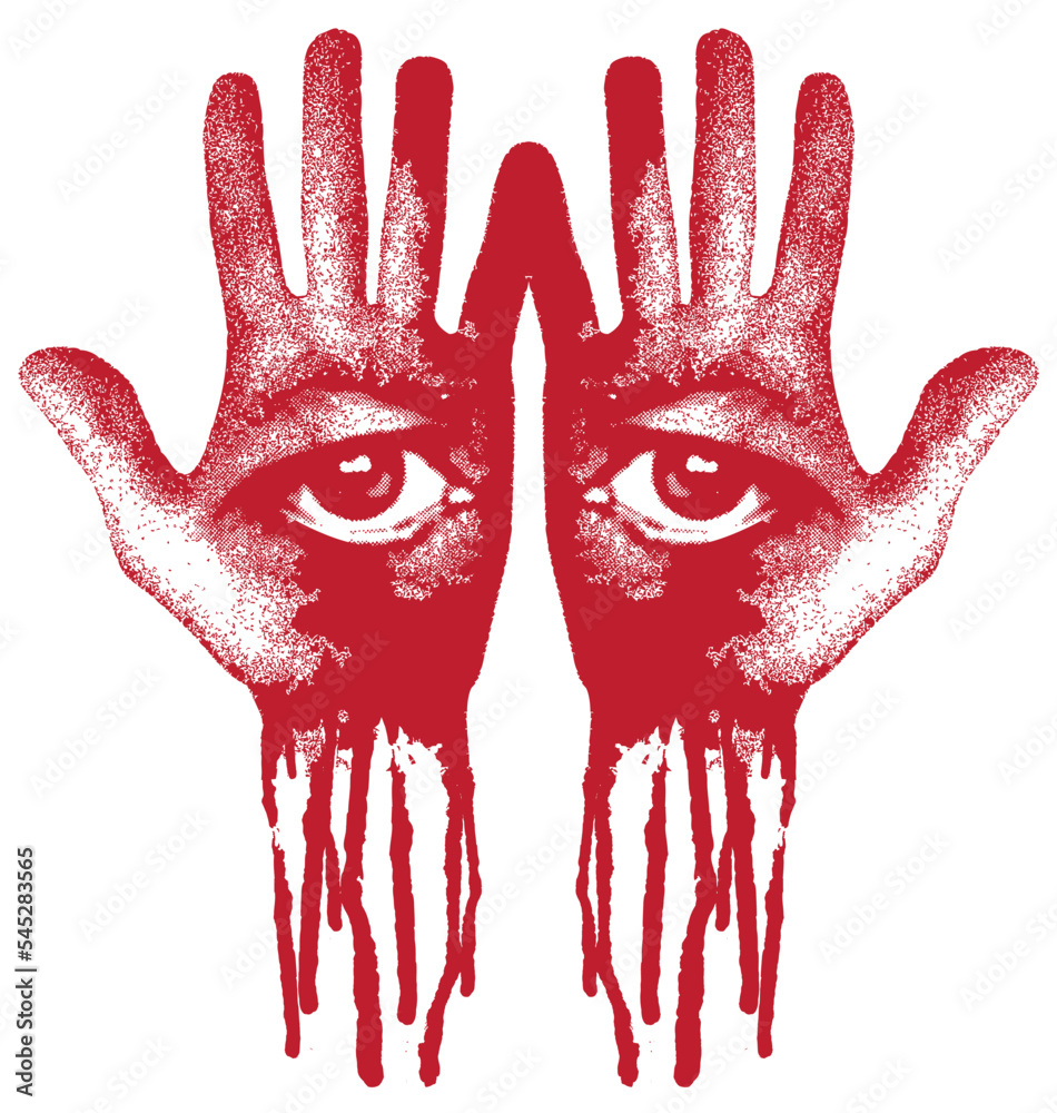 two human hands with eyes in the form of a face and drops of blood ...