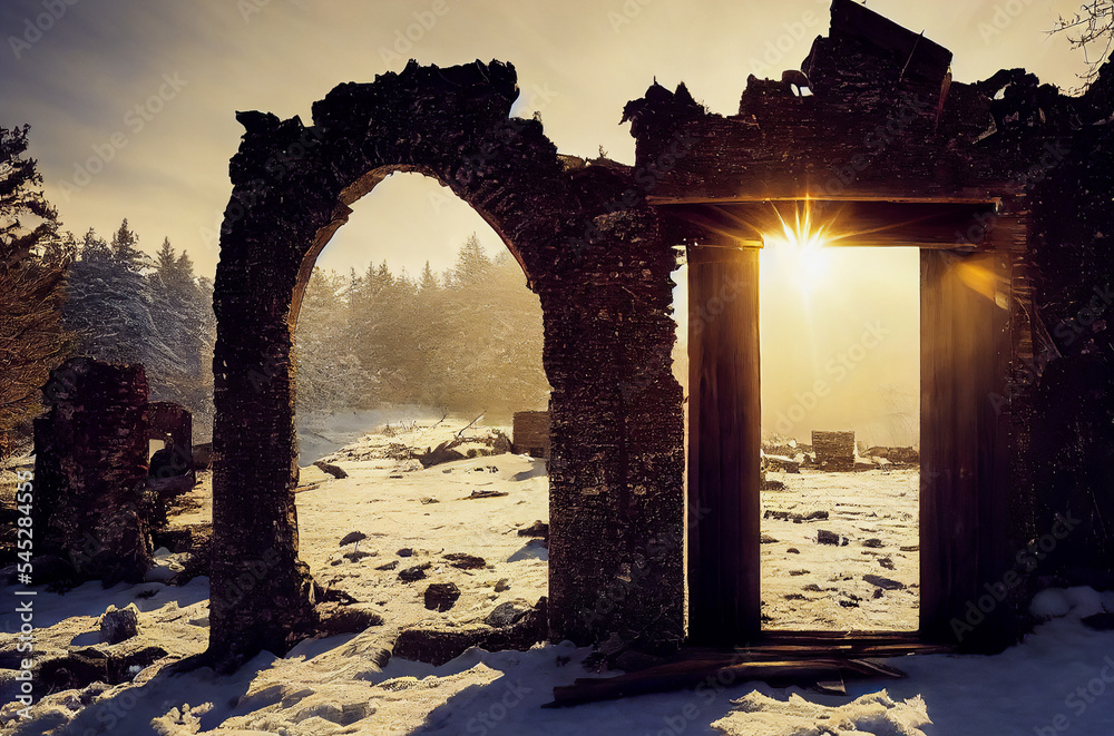 Ancient door of an isolated ruin in a beautiful and fantastic landscape ...