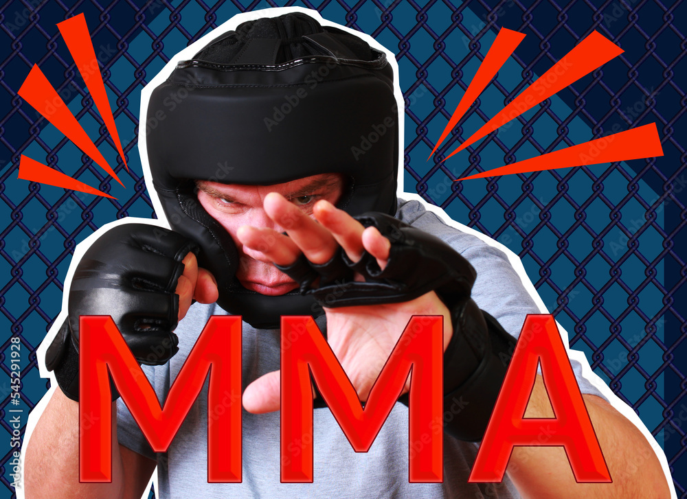 Modern creative collage. Mixed martial arts. Fighter with gloves and ...