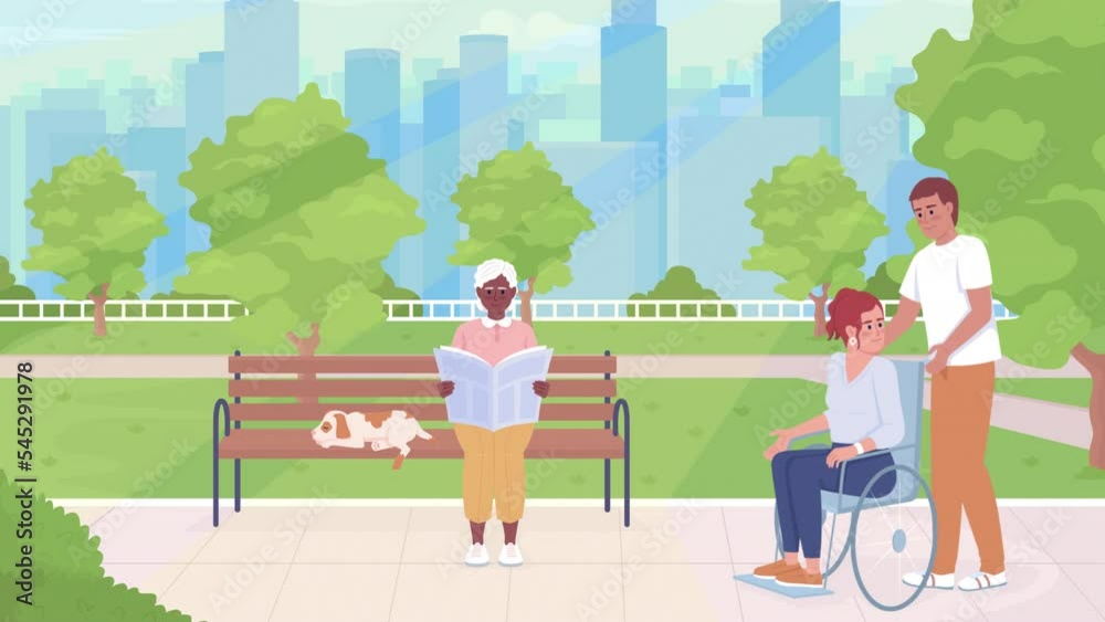 Animated park visitors illustration. Disability in everyday life. Urban ...
