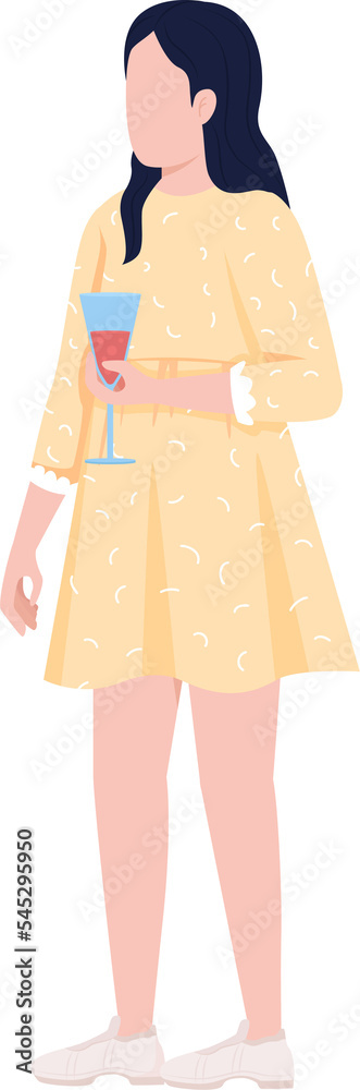 Modest lady holding drink semi flat color raster character. Standing ...