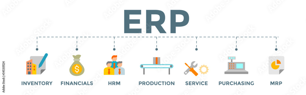 ERP enterprise resource planning banner web illustration with inventory ...