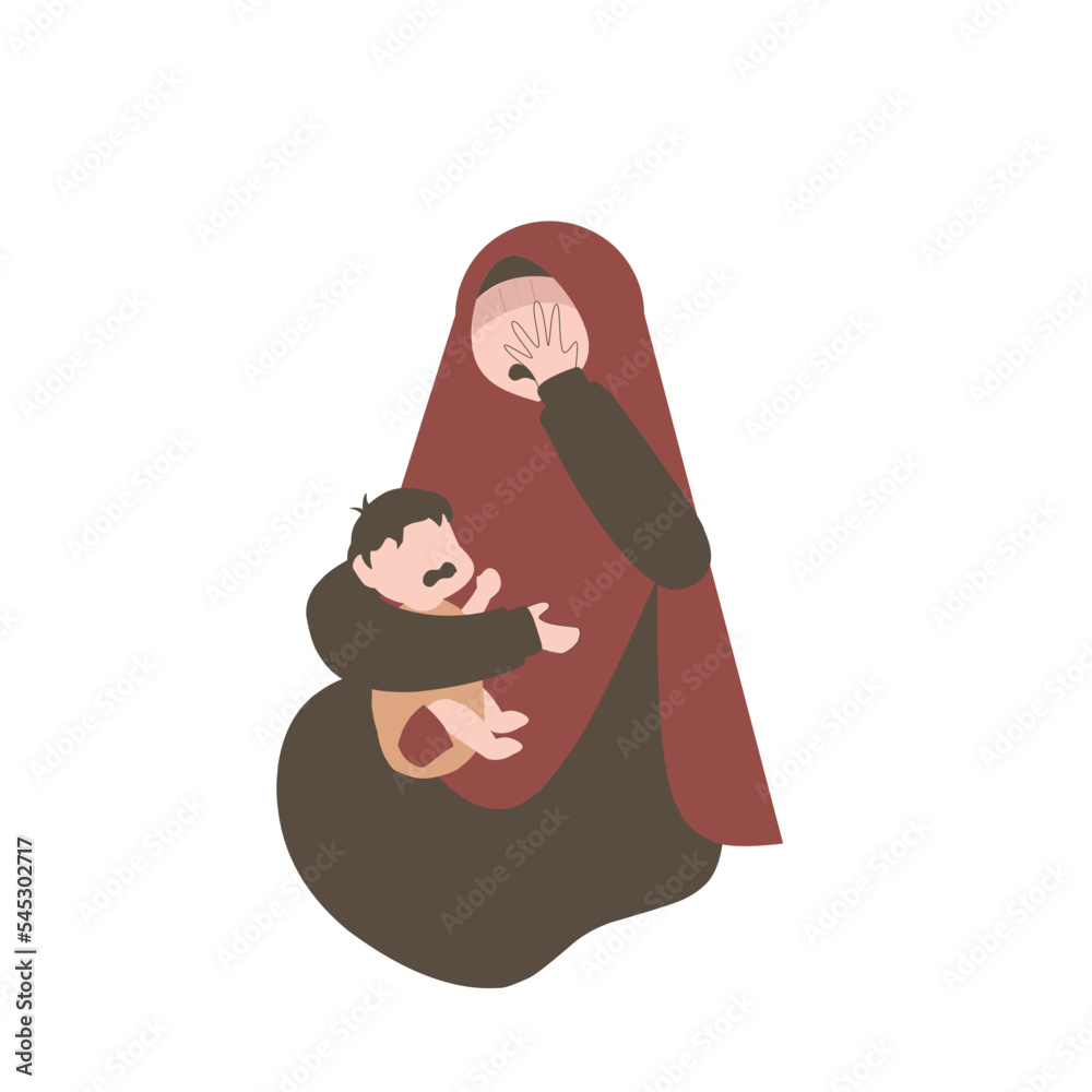 Muslim mother in postpartum depression. Baby blues illustration. Sad ...