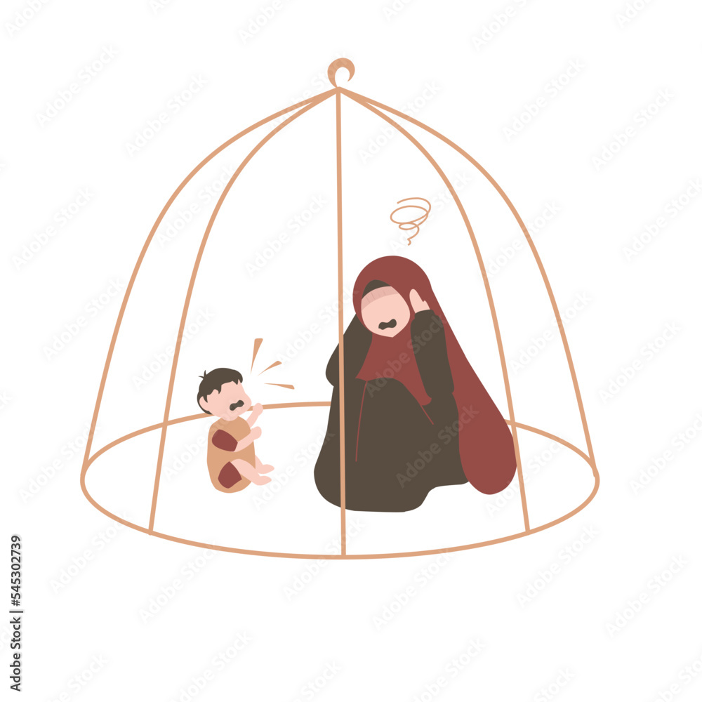 Muslim mother in postpartum depression. Baby blues illustration. Sad ...