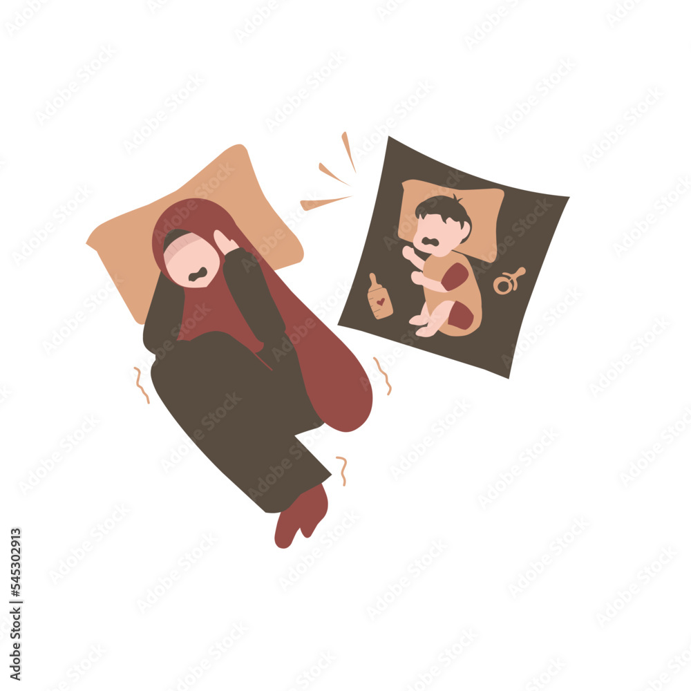 Muslim mother in postpartum depression. Baby blues illustration. Sad ...