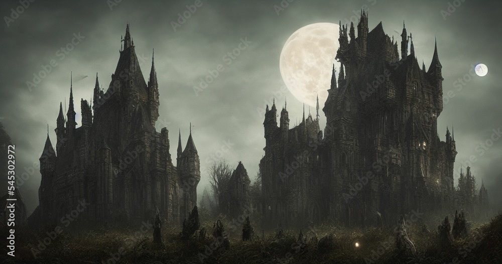 Gothic Mid evil castle full moon garden Stock Illustration | Adobe Stock