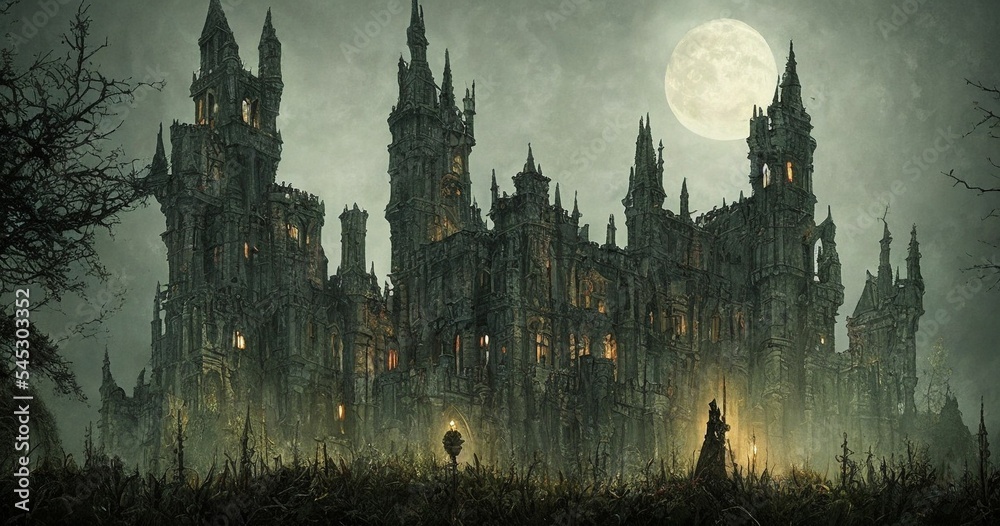 Gothic Mid evil castle full moon garden Stock Illustration | Adobe Stock