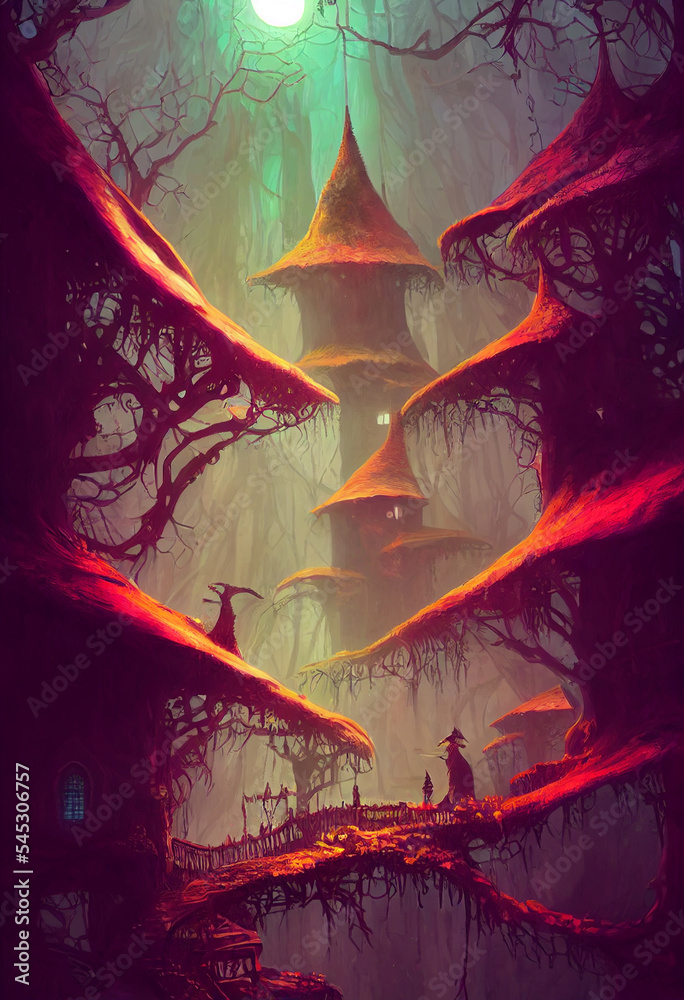 Tree House Village at Night, Forest, Glowing lights, Fireflies, Rope ...