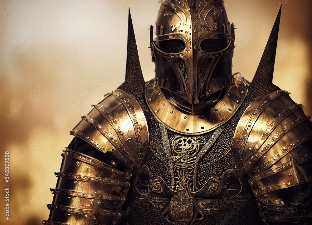 fierce medieval armored knight, engraved skeletal teeth on armored mask ...