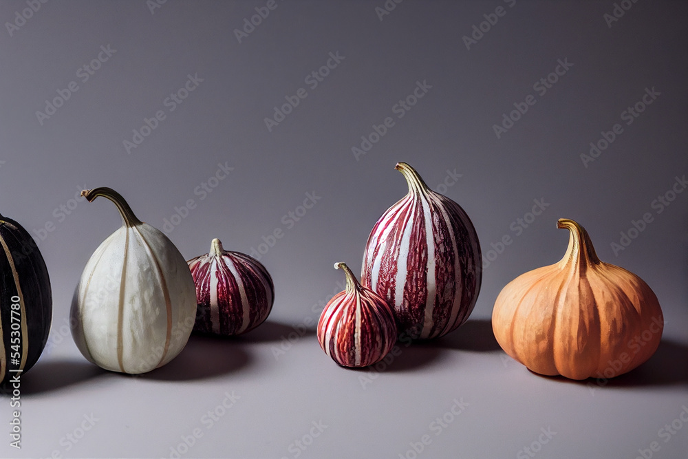 different gourd colours and shapes side by side on a studio minimal ...