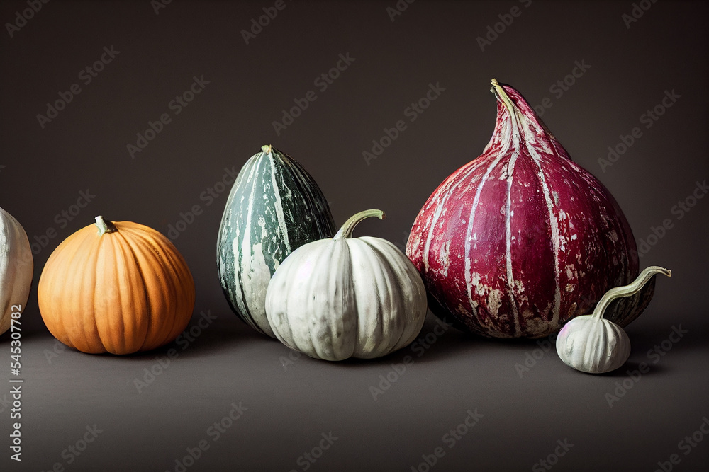 different gourd colours and shapes side by side on a studio minimal ...