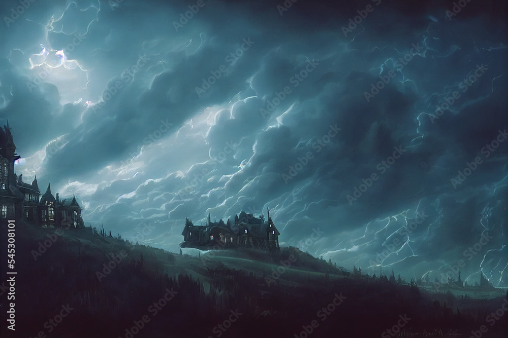 Foto de Haunted House on top of a hill, Fantasy, Chiaroscuro, Hyper ...