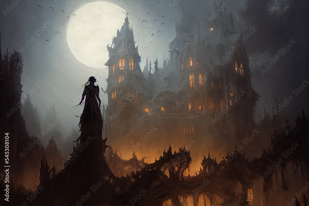 Haunted House on top of a hill, Fantasy, Chiaroscuro, Hyper detailed ...