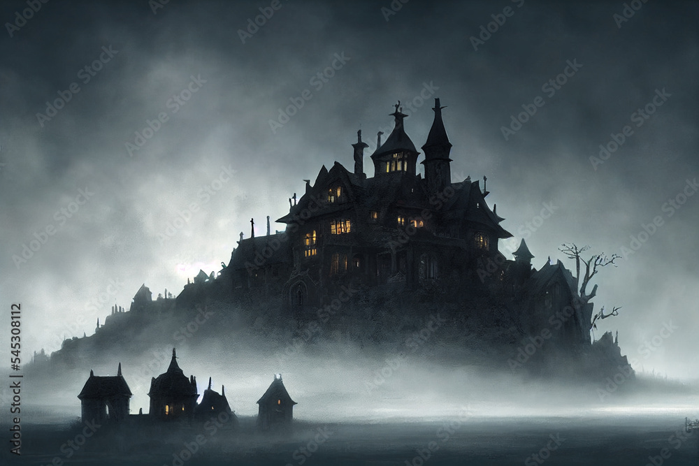 Haunted House on top of a hill, Fantasy, Chiaroscuro, Hyper detailed ...
