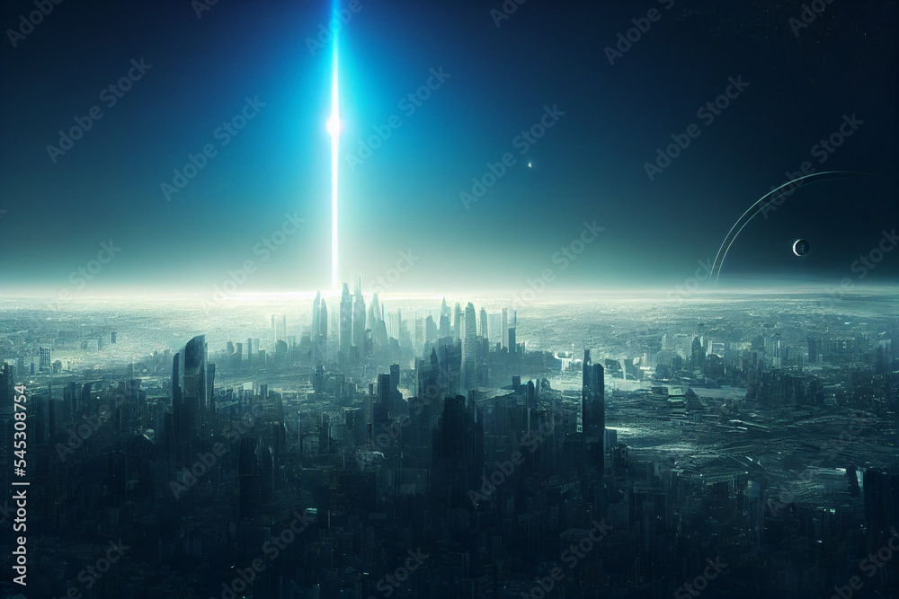 Futuristic city of giant skyscrapers, storybook illustration, sharp ...