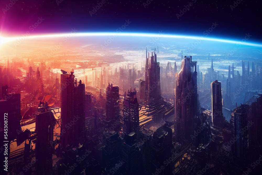Futuristic city of giant skyscrapers, storybook illustration, sharp ...