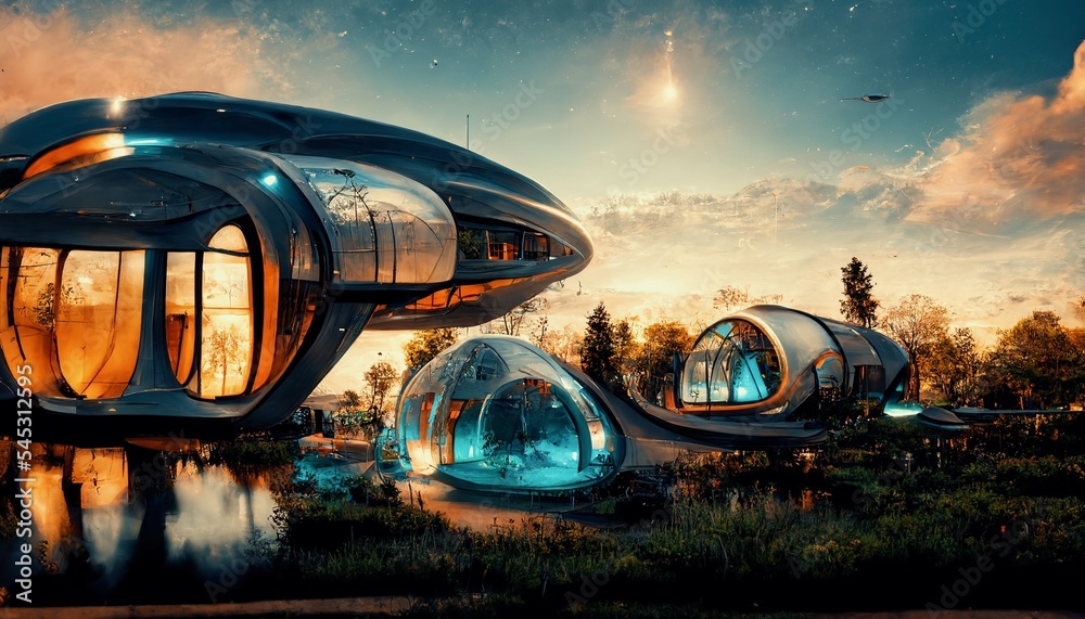 Space expansion concept of human settlement in alien world with green ...