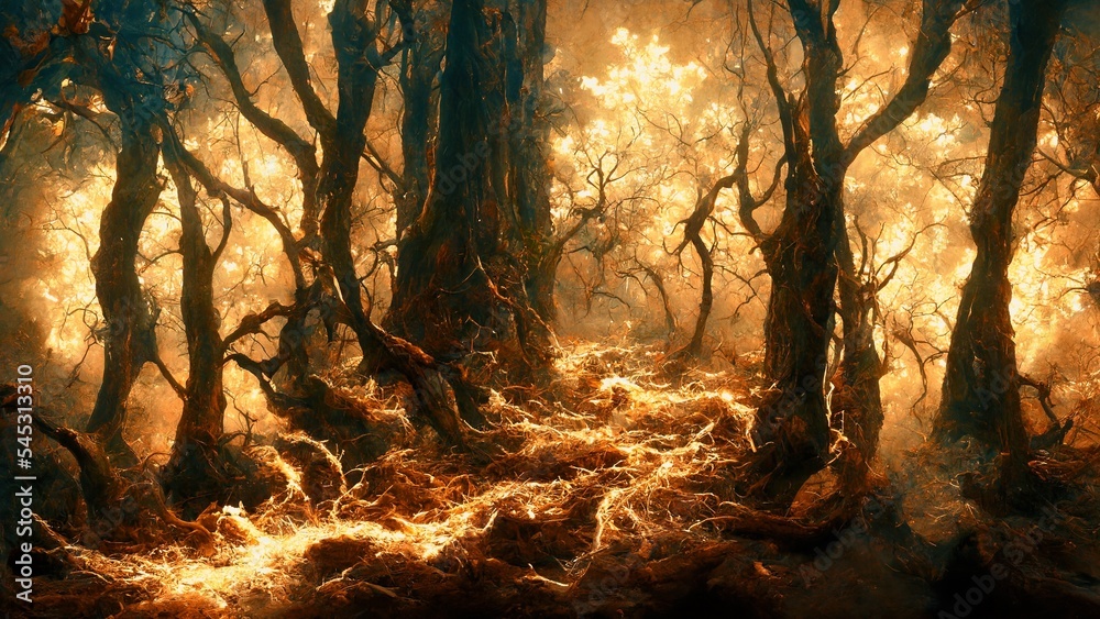 Dark scary forest cursed by witch spell spectacular 3D illustration for ...