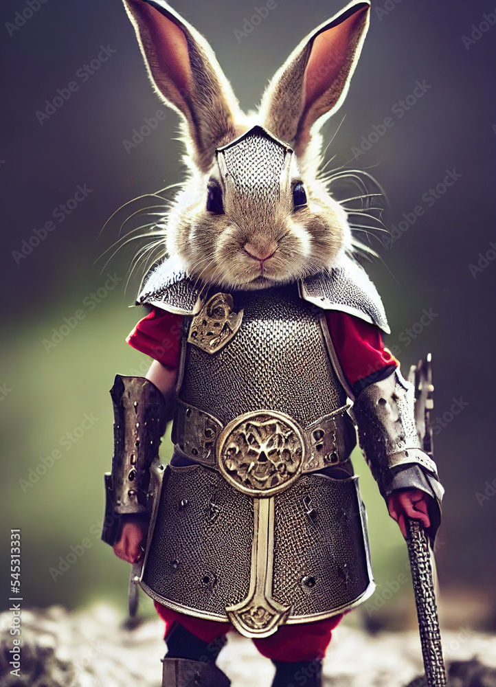 Spectacular battle-ready rabbit knight in medieval portrait. Digital ...