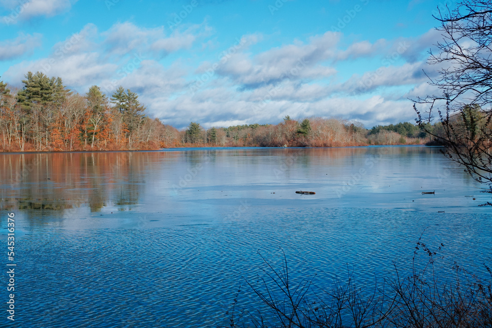 Winter scenery of Leach pond in Borderland state park Easton MA USA ...