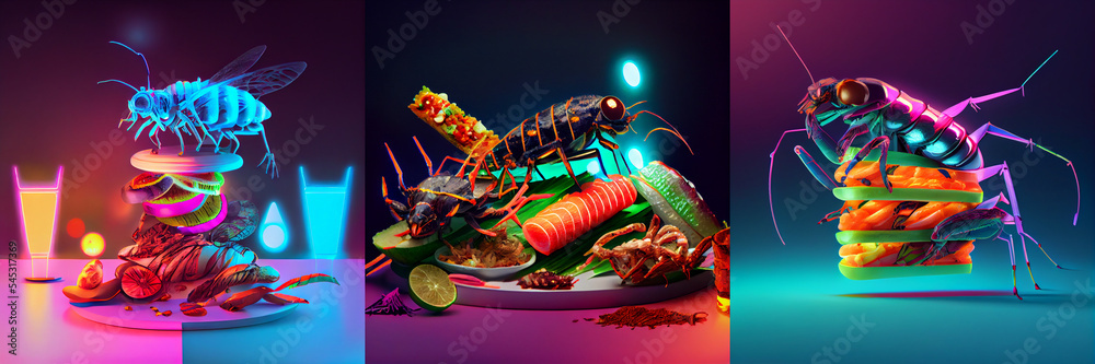 Futuristic food made from insects, neon lights, commercial illustration ...