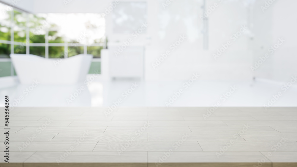 3d rendering of wood counter, table top or countertop with blur ...