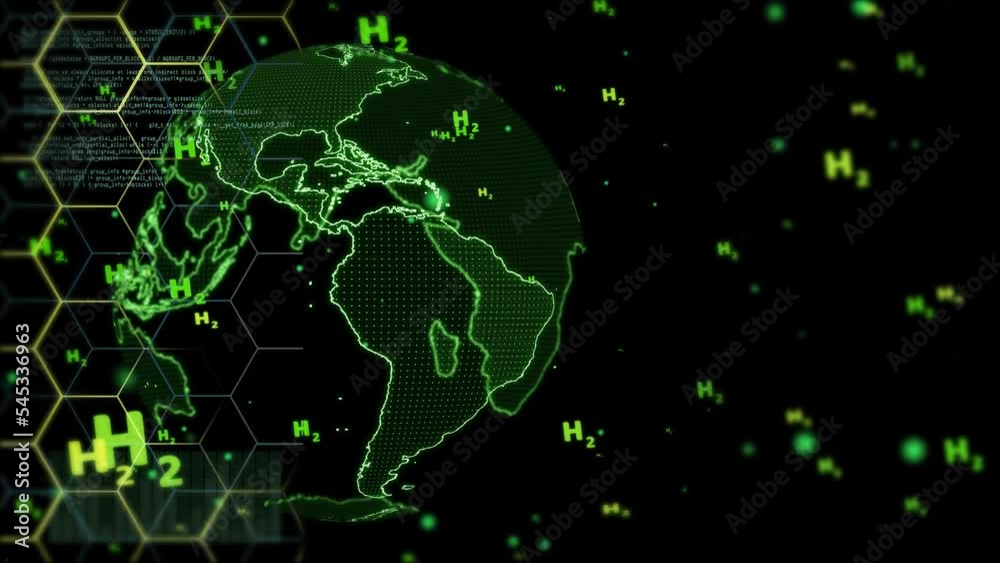 Global digital green monitor and hexagon with bubbles green H2 text on ...