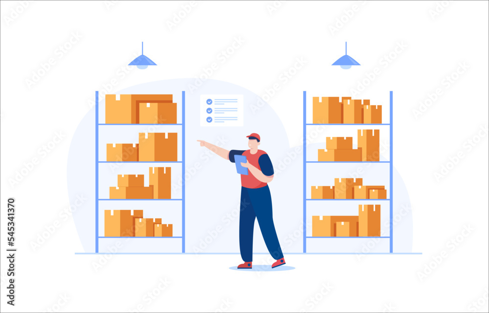 Warehouse workers check the inventory levels of items on the shelves ...