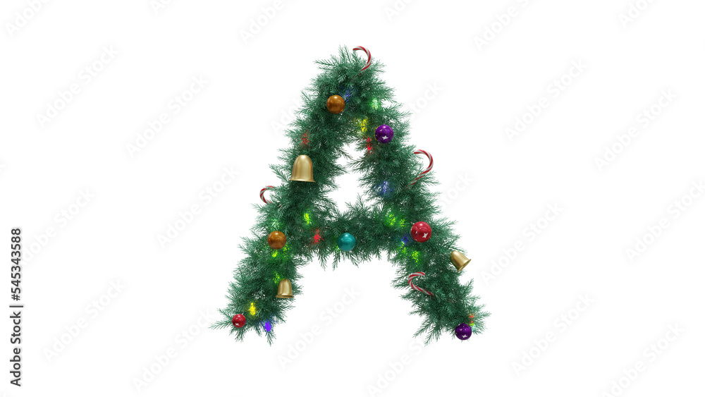 Capital letter A from Christmas tree twigs with decorations on ...