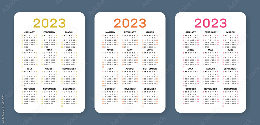 Calendar 2023 year set. English vector set. Vertical wall or pocket ...