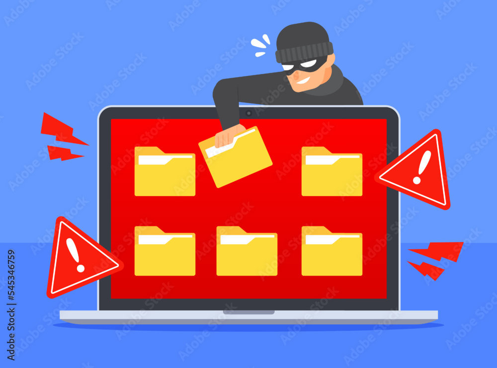 Hacker stealing document folder icon from laptop screen. System warning ...