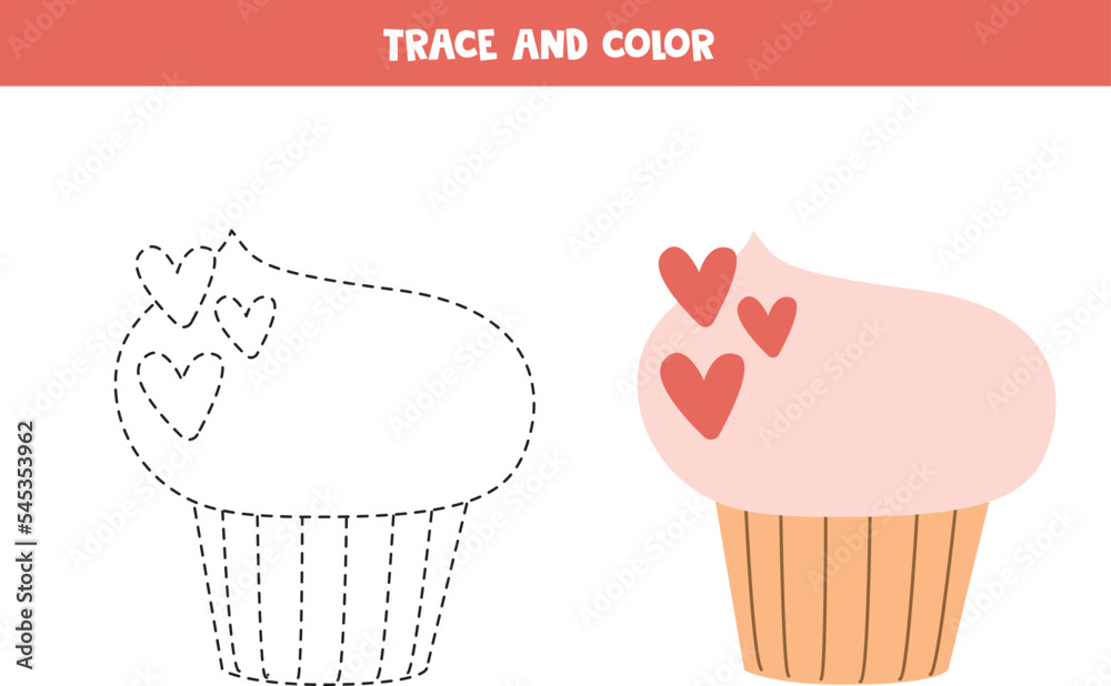 Trace and color cartoon cupcake. Worksheet for children. Stock Vector ...