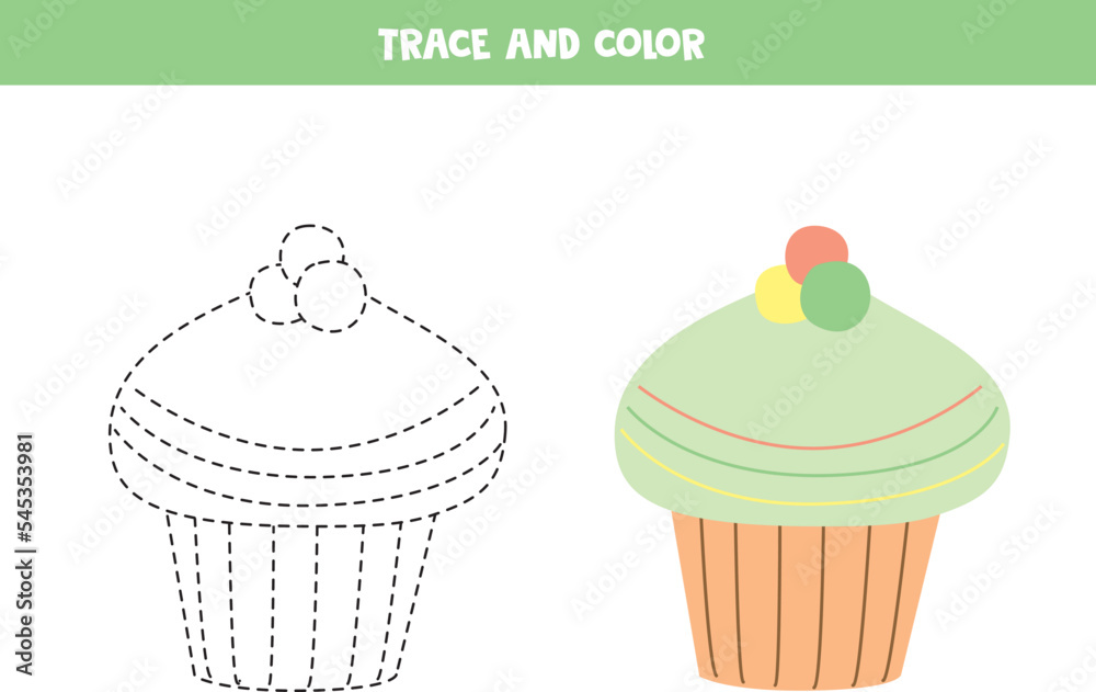Trace and color cartoon cupcake. Worksheet for children. Stock Vector ...