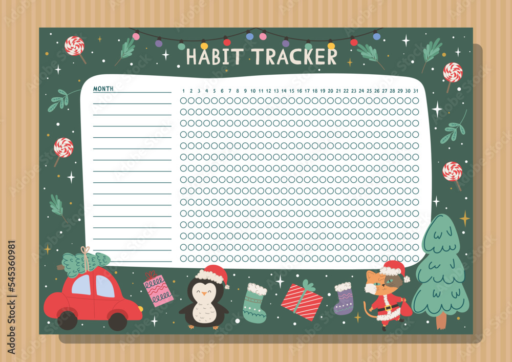 Monthly habit tracker with Christmas theme with cute animals and ...
